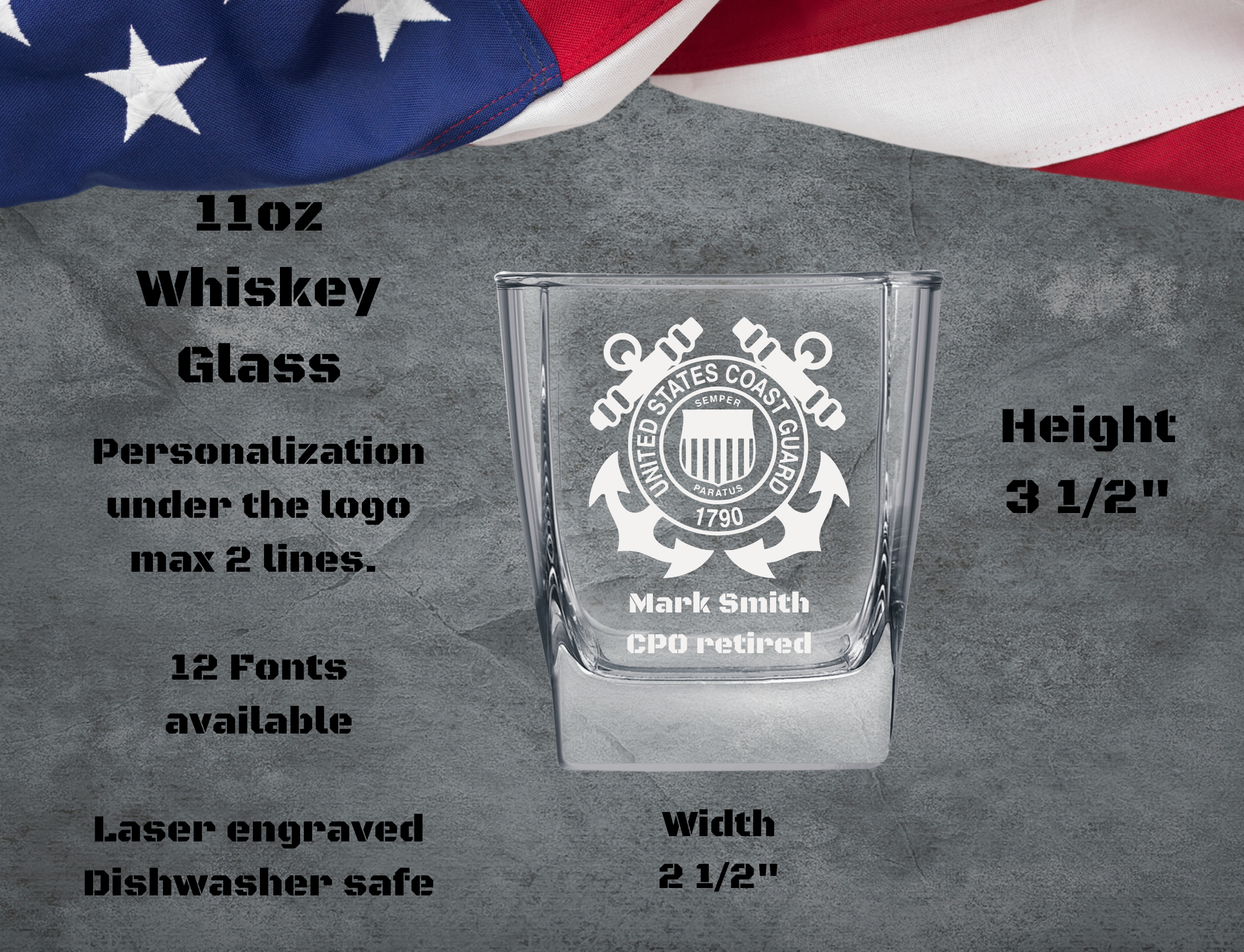 Custom US Coast Guard Engraved 11 oz Whiskey Glass – Personalized Mili ...