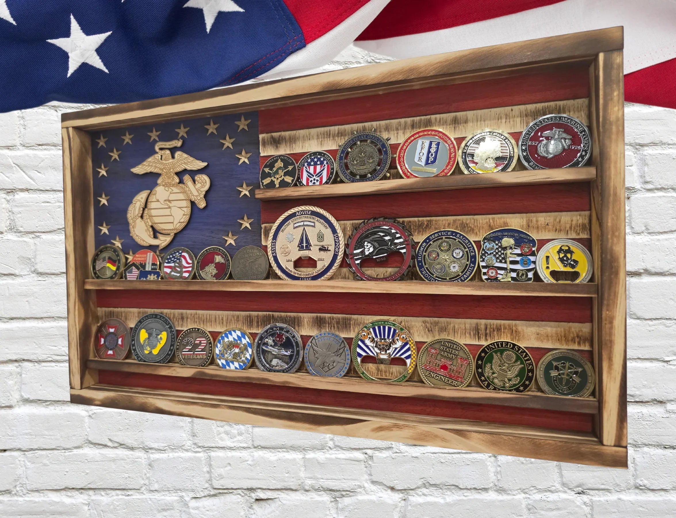 Marines Challenge Coin Display Rack Holder - Rustic American Flag ...