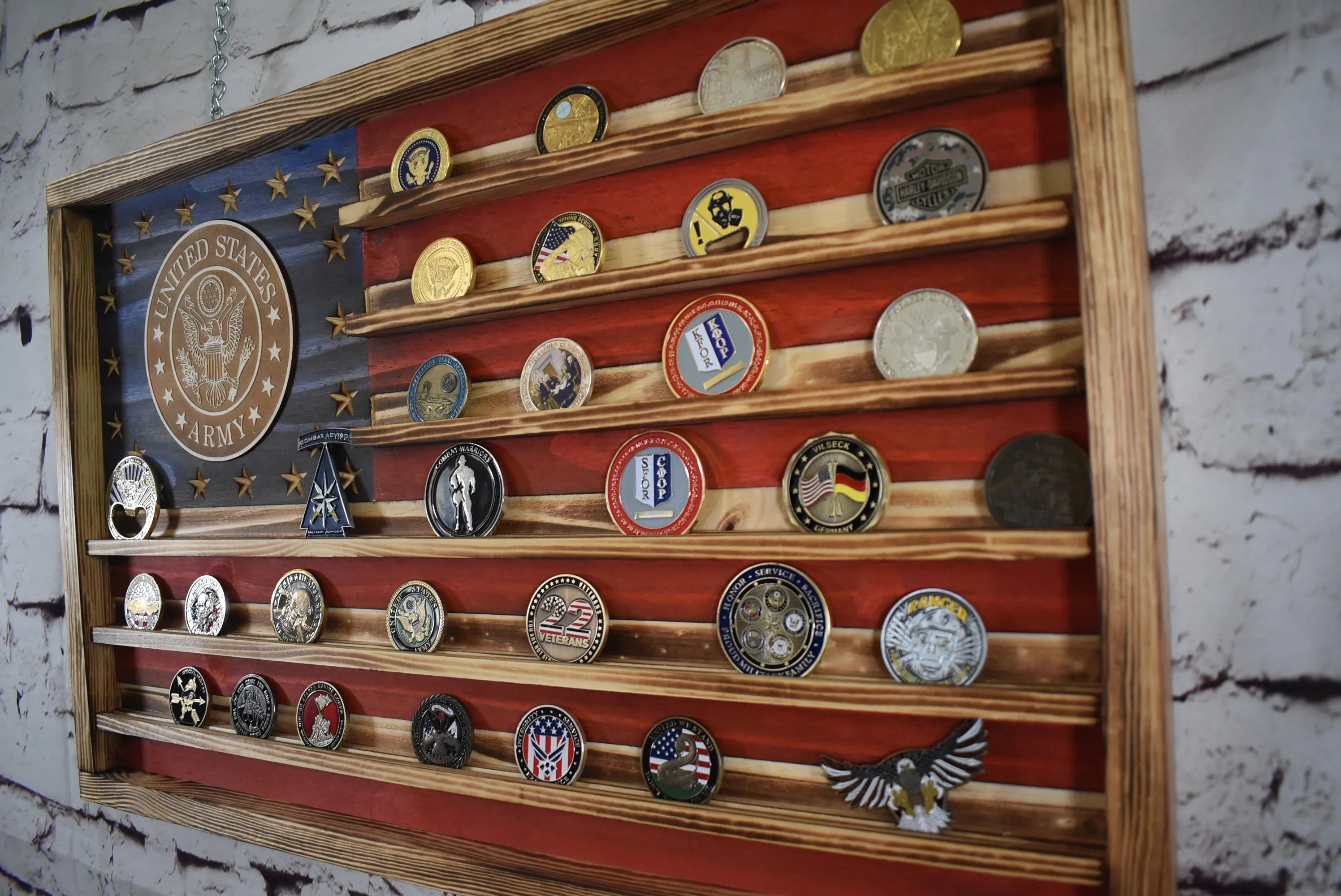Army Challenge Coin Display Rack Holder - Rustic Army American Flag ...