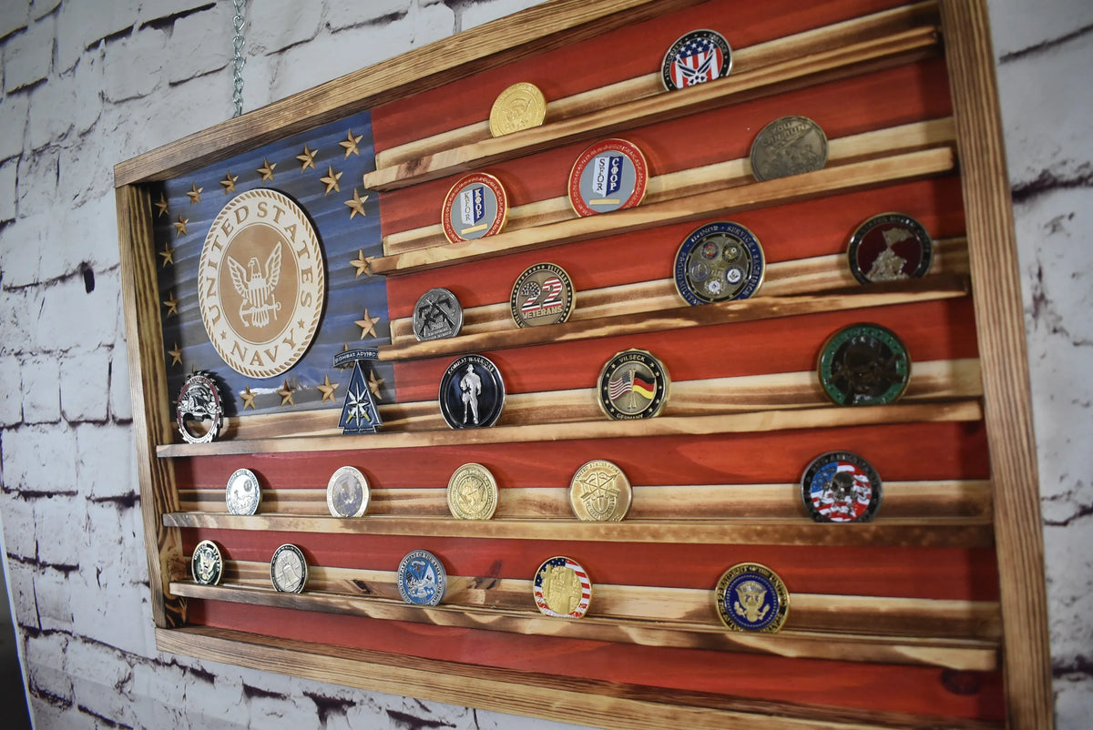 Navy Challenge Coin Display Rack Holder - Rustic US Navy American Flag ...