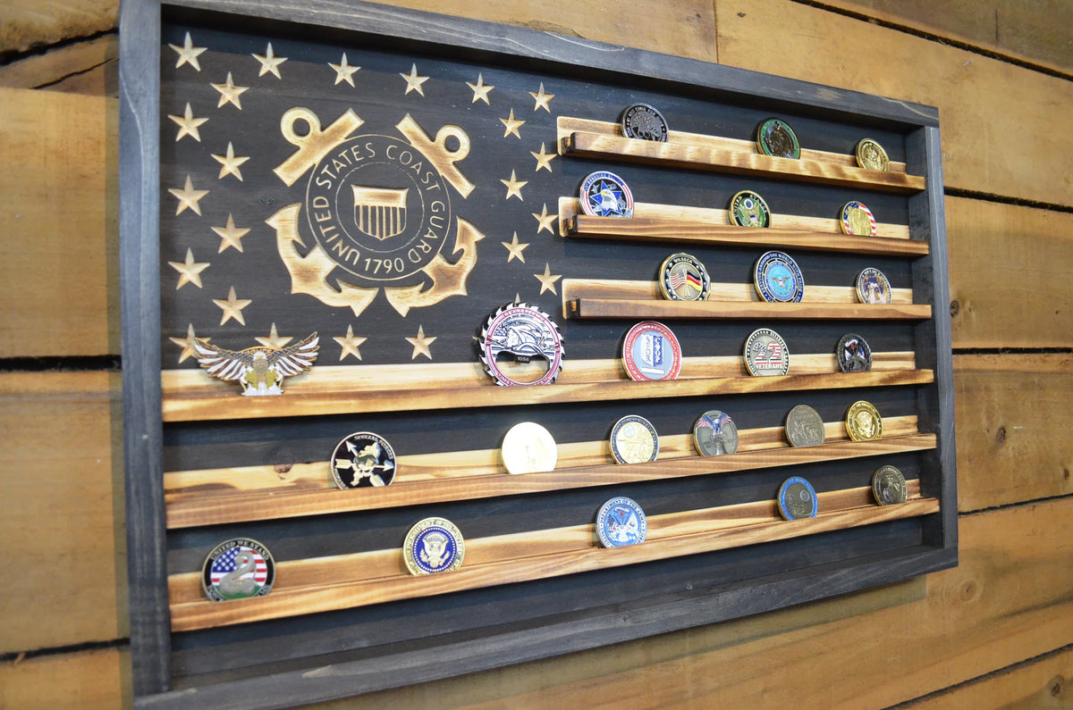 US Coast Guard Challenge Coin Display Rack Holder - Rustic Marines Ame ...