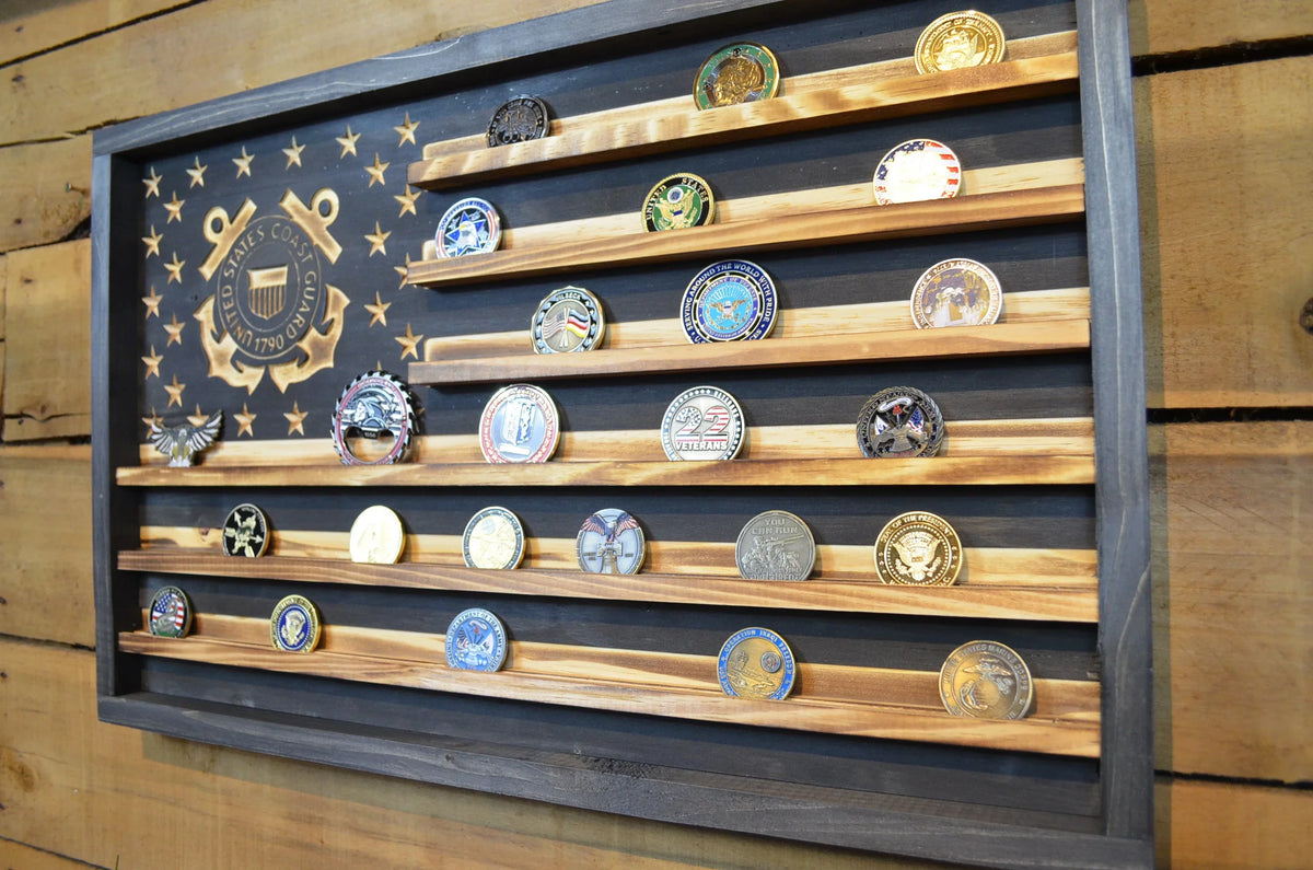 US Coast Guard Challenge Coin Display Rack Holder - Rustic Marines Ame ...