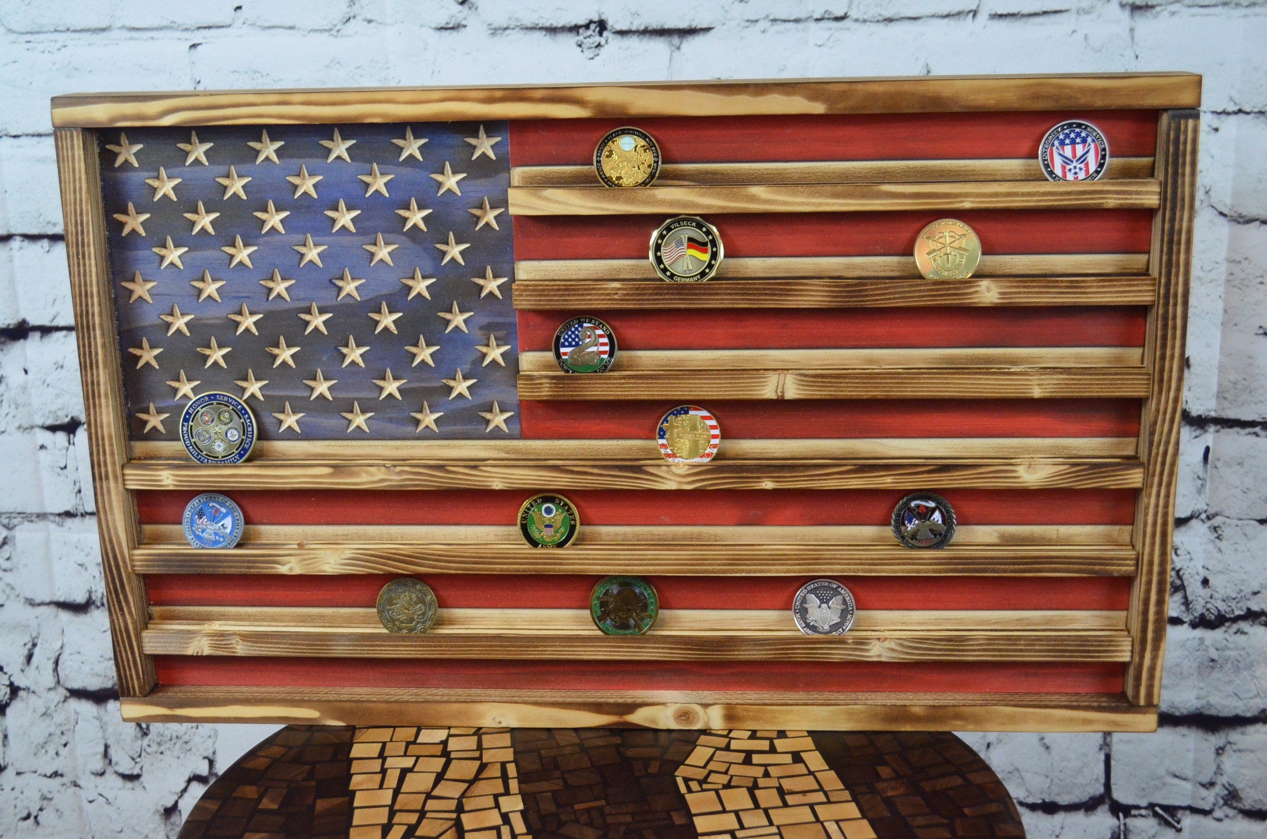 Custom Challenge Coin Display Rack Holder - Rustic American Flag - Mil ...