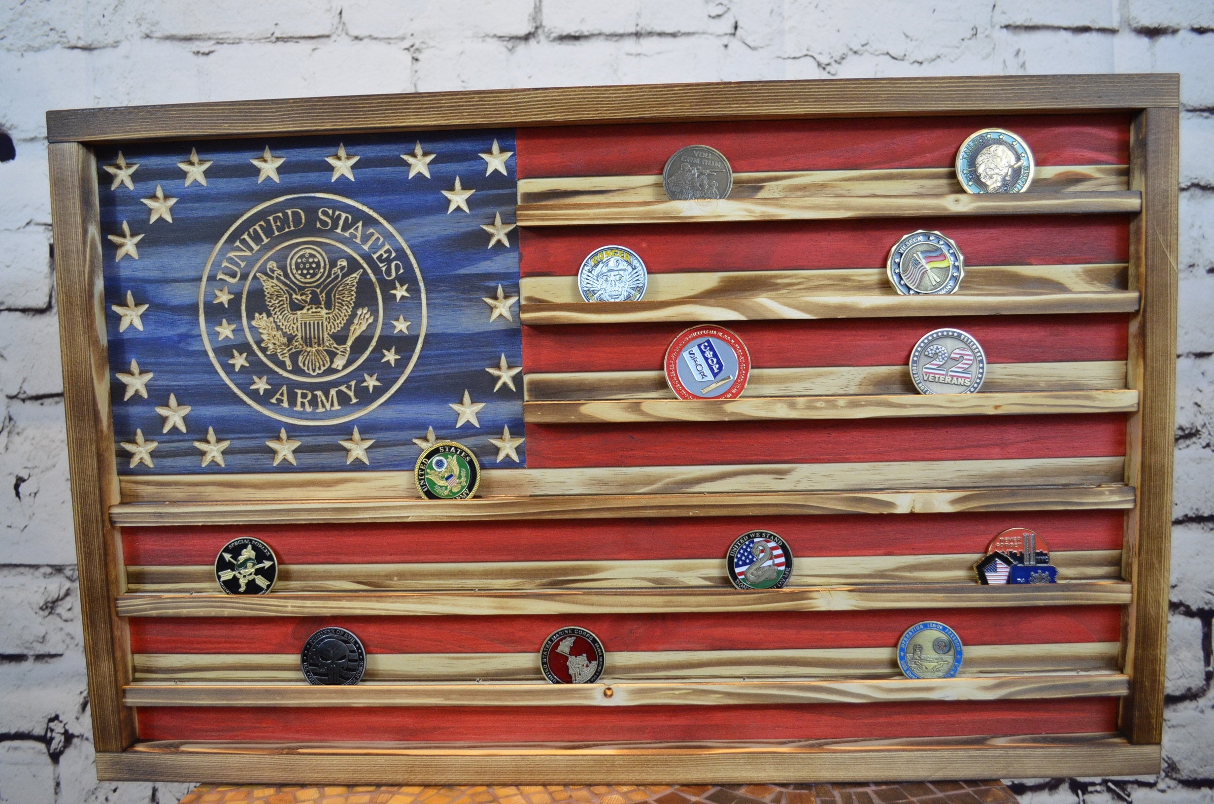 Army Challenge Coin Display Rack Holder - Rustic Army American Flag ...
