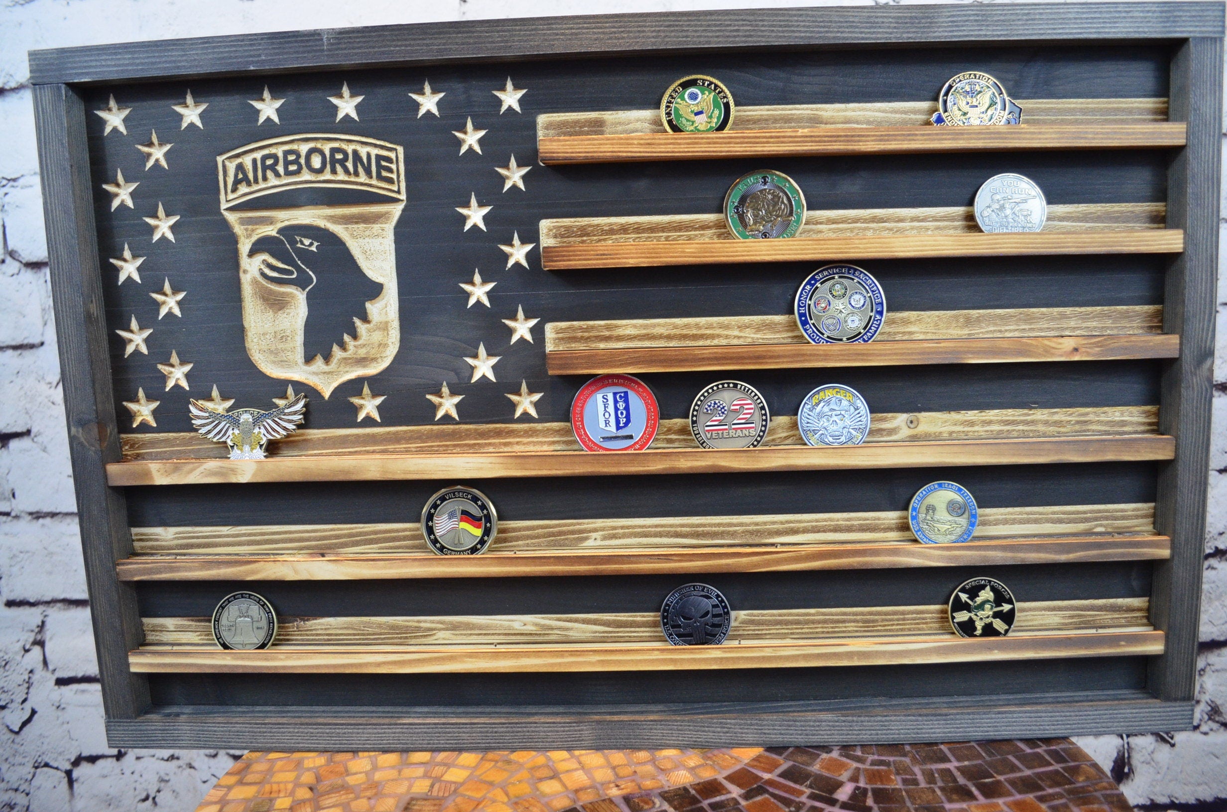 101st Airborne Challenge Coin Display Rack Holder - Rustic American Fl ...