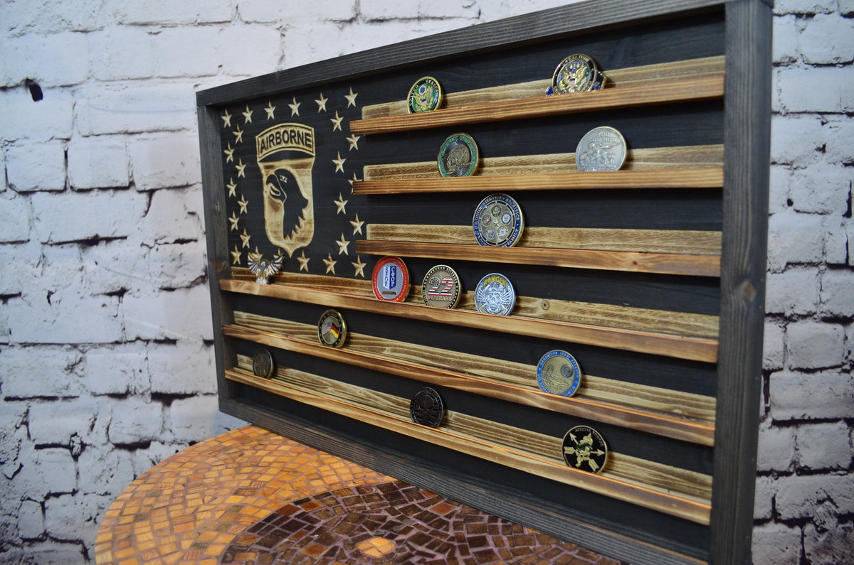 101st Airborne Challenge Coin Display Rack Holder - Rustic American Fl ...
