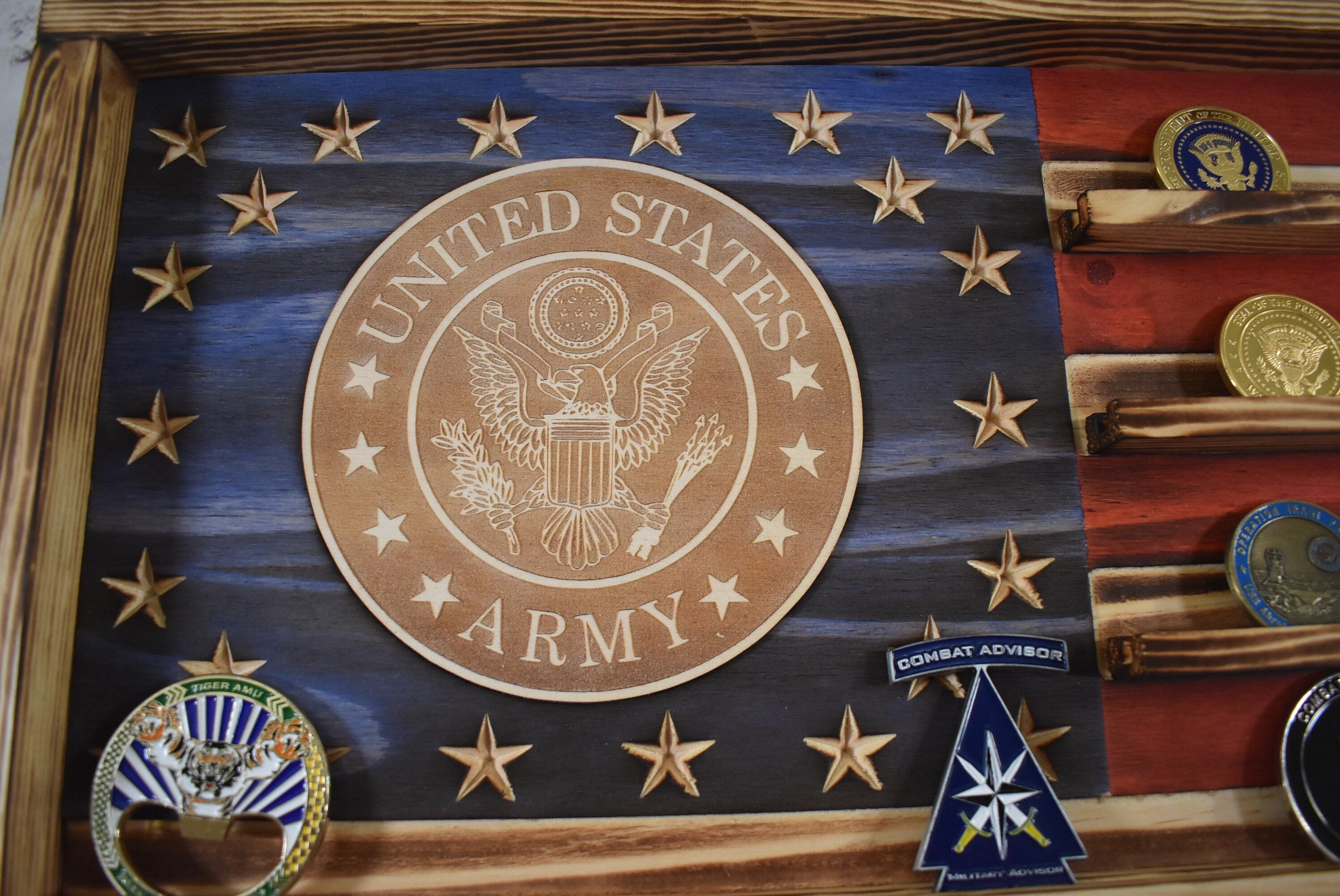 Army Challenge Coin Display Rack Holder - Rustic Army American Flag ...